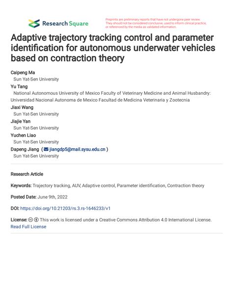 Pdf Adaptive Trajectory Tracking Control And Parameter Identification For Autonomous