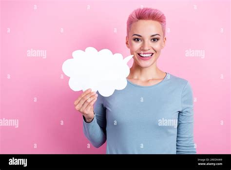 Portrait Of Toothy Beaming Woman With Dyed Hairdo Wear Stylish Clothes