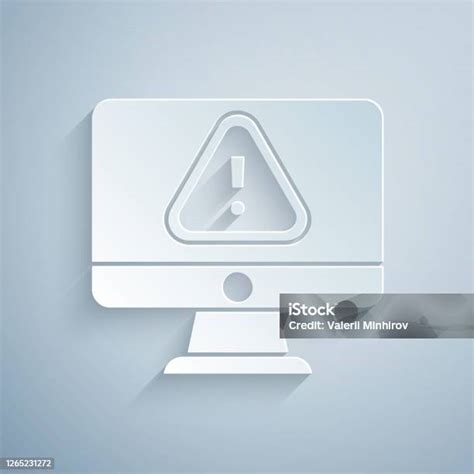 회색 배경에서 느낌표 아이콘이 분리된 용지 절단 컴퓨터 모니터 경고 메시지 스마트 폰 알림 종이 아트 스타일 벡터 3차원 형태에 대한 스톡 벡터 아트 및 기타 이미지