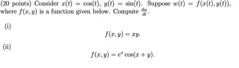 solved 20 points consider x t cos t y t sin t suppose