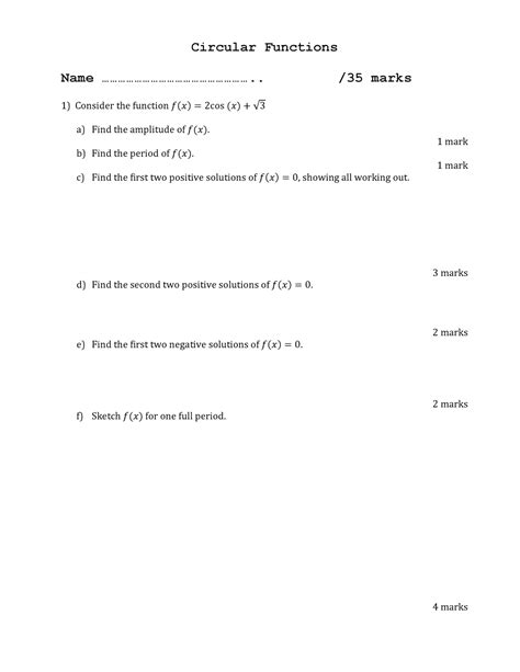 Additional Questions On Circular Functions Circular Functions Name