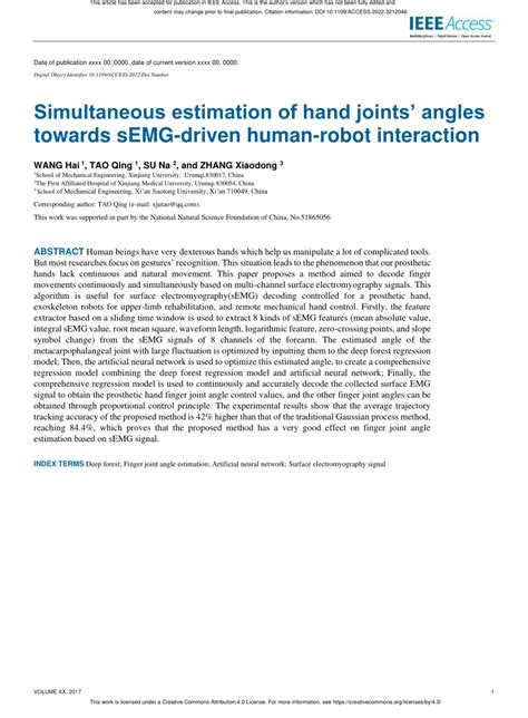 Pdf Simultaneous Estimation Of Hand Joints Angles Toward Semg Driven