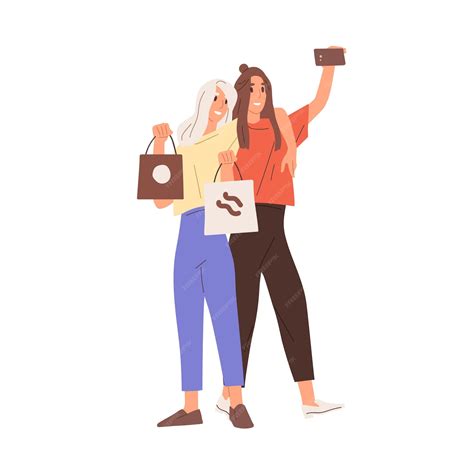 휴대 전화로 셀카 사진을 찍는 쇼핑백을 든 젊은 행복한 여성 스마트폰으로 웃는 포옹 여자 친구 흰색 배경에 고립 된 여자