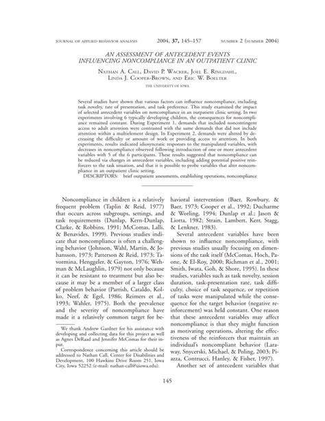 Pdf An Assessment Of Antecedent Events Influencing Noncompliance In