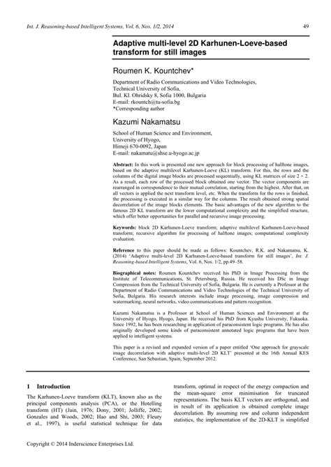 pdf adaptive multi level 2d karhunen loeve based transform for still