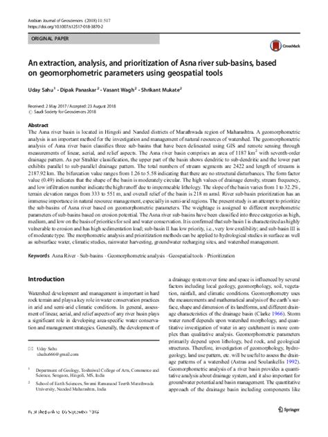 Pdf An Extraction Analysis And Prioritization Of Asna River Sub
