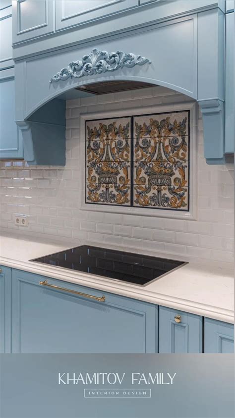 Кухня в голубых тонах красивое панно на фартук кухни дизайн кухни интерьер кухни проект Жк