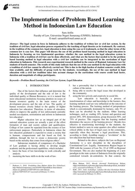pdf the implementation of problem based learning method in indonesian