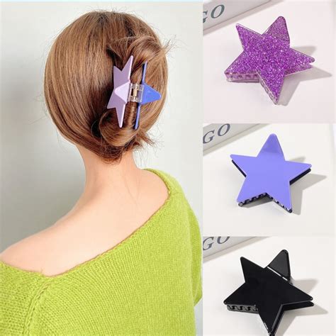 반짝이는 글리터 5 점 스타 아세테이트 헤어 클로 클립 크랩 클립 포니테일 클립 슈퍼 플래시 여성 바레트 큰 상어 클립 신제품 Aliexpress