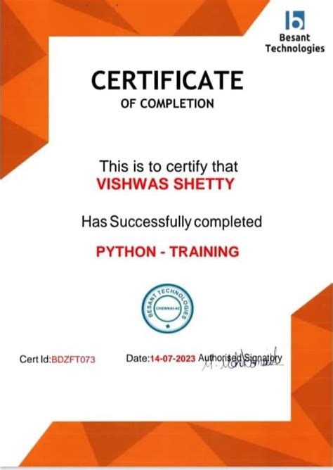 Shetty Vishwas On Linkedin I Have Successfully Completed Python Training Besant Technologies I Got