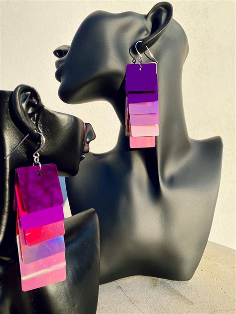 SOLAR PLEXUS Three Shades Of Pink Square Sequin Statement Earrings With Stainless Steel Earring