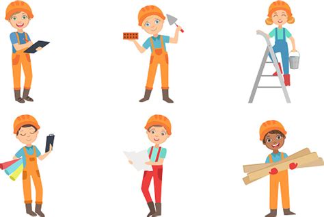귀여운 아이 건설 노동자 세트 남자와 여자 빌더 캐릭터 와 전문 도구 벡터 일러스트 건설 산업에 대한 스톡 벡터 아트 및 기타 이미지 건설 산업 공사장 인부 배경