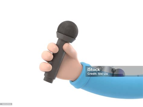 만화 제스처 아이콘 모형흰색 배경에 렌더링3d 마이크를 들고 있는 만화 손 Launch Party에 대한 스톡 사진 및 기타