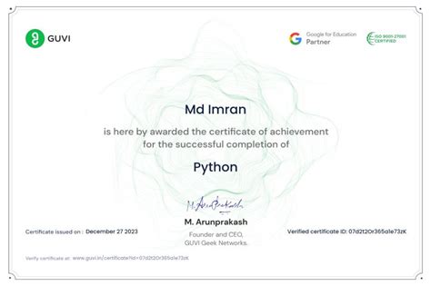 completed python course by guvi md imran posted on the topic linkedin