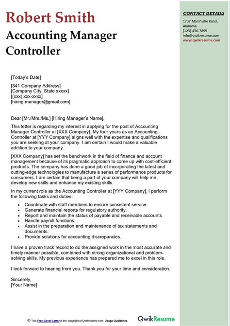 Accounting Manager Controller Cover Letter Examples Qwikresume