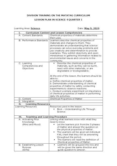 Lesson Plan In Science MATATAG Curriculum DIVISION TRAINING ON THE MATATAG CURRICULUM LESSON