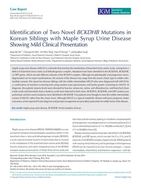 Pdf Identification Of Two Novel Bckdhb Mutations In Korean Siblings
