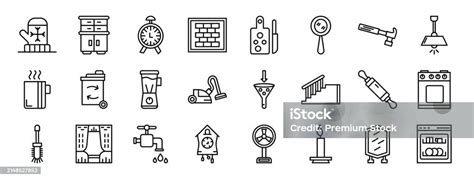 벙어리 장갑 캐비닛 알람 시계 벽 도마 손 거울 보고서 프리젠 테이션 다이어그램 웹 디자인 모바일 앱을위한 망치 벡터 아이콘과 같은 24 개의 개요 웹 가정 용품 아이콘
