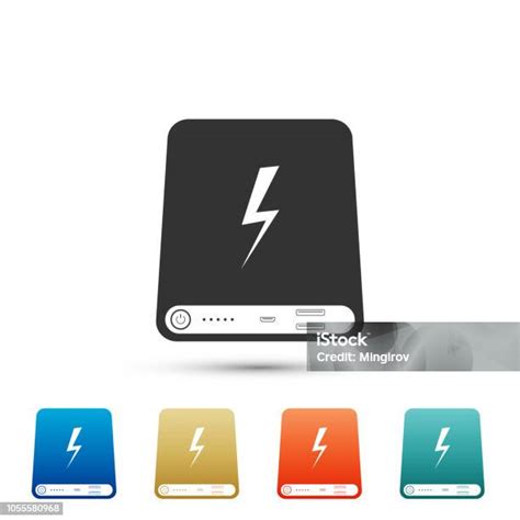 흰색 배경에 고립 된 전원 은행 아이콘입니다 휴대용 충전 장치입니다 컬러 아이콘에 요소를 설정 합니다 평면 디자인입니다 벡터 일러스트 레이 션 Usb 케이블에 대한 스톡