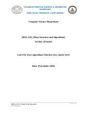 Lab Sort Algorithms Selection Sort Quick Sort Docx Computer Science Department