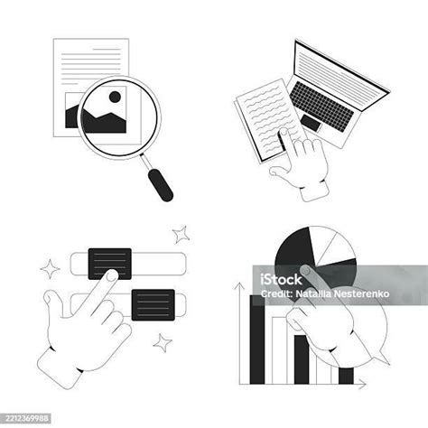 사용자 상호 작용 및 데이터 탐색 라인 온보딩 Ui 일러스트레이션 세트 2차 도형에 대한 스톡 벡터 아트 및 기타 이미지 2