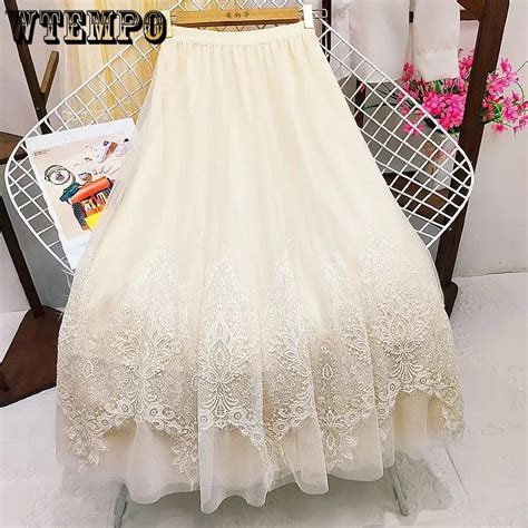 Wtempo 여성용 우아한 메쉬 레이스 롱 스커트 탄성 하이 웨이스트 A 라인 스커트 한국 루즈 얇은 명주 그물 스커트 봄 여름 패션