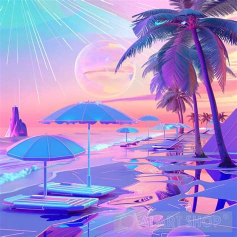 Neon Beach Scene Vaporwave Art Deco