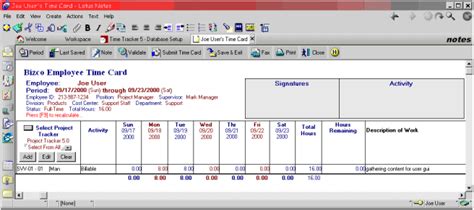 Lotus Notes Software Tracker Suite Time Card Screenshot
