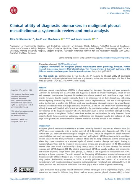 Pdf Clinical Utility Of Diagnostic Biomarkers In Malignant Pleural Mesothelioma A Systematic