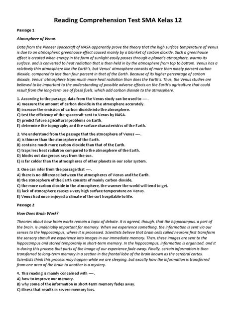 Reading Comprehension Test Sma Kelas 12 Pdf Memory Atmosphere Of Earth