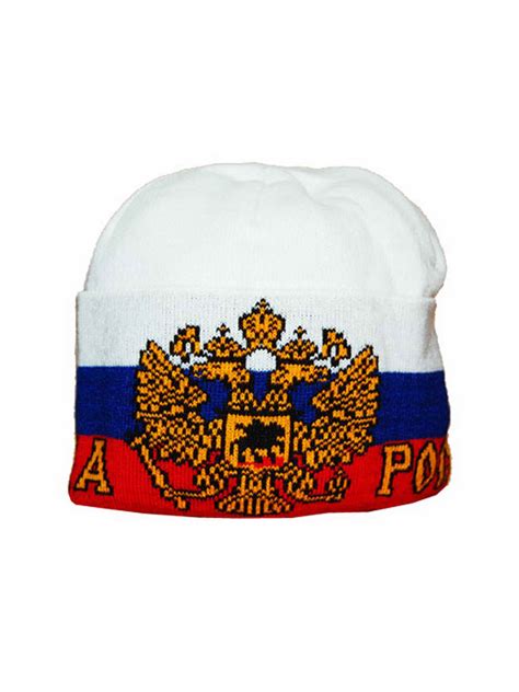 Шапка вязаная п/ш с орлом (бело-сине-красный триколор), с надписью ...