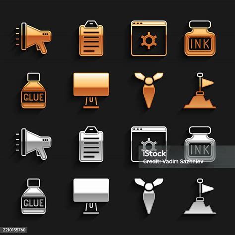 컴퓨터 모니터 잉크병 깃발 상단이 있는 산 넥타이 접착제 브라우저 설정 확성기 및 할 일 목록 계획 아이콘을 설정합니다 벡터 검은색에 대한 스톡 벡터 아트 및 기타 이미지