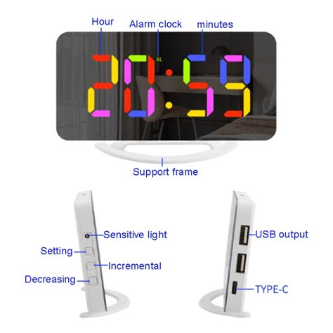 Ts 8201 Led 디지털 미러 알람 시계 큰 화면 듀얼 Usb 데스크탑 테이블 시계 색상 화이트 쉘 레드 라이트