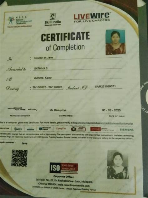successfully i had completed java course on live wire institute sathiya s