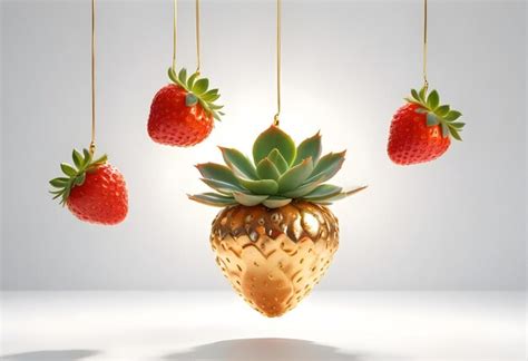 A Strawberry Hanging From A String With Strawberries Hanging From It
