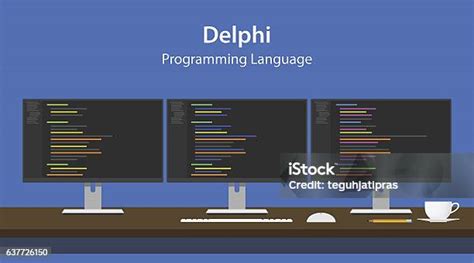 세 개의 모니터에 표시되는 델파이 프로그래밍 언어 코드 의 그림 건설 프레임에 대한 스톡 벡터 아트 및 기타 이미지 건설