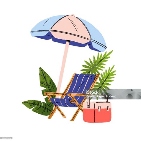 긴 의자 선베드 차양 우산 휴식을 취할 수 있는 여름 휴가 해변 가구 데크 의자와 파라솔 휴가 데크 의자와 쿨러 백 흰색 배경에 분리된 플랫 벡터 그림 가구에 대한 스톡