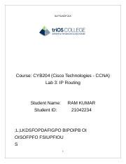 Lab Docx KLFSLKDFJLK Course CYB Cisco Technologies CCNA Lab IP Routing Student