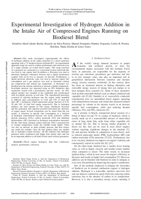 Pdf Experimental Investigation Of Hydrogen Addition In The Intake Air
