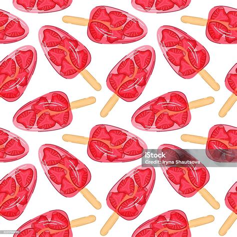 빨간 딸기 아이스크림의 완벽 한 패턴과 과일 슬라이스가 흰색 배경에 있습니다 여름 디저트 카페 포장과 달콤한 간식 디자인에 적합합니다 건강한 식생활에 대한 스톡 벡터 아트