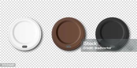 벡터 3d 현실적인 일회용 흰색 갈색 검은 플라스틱 커피 음료 아이콘에 대한 차 컵 뚜껑은 투명 한 배경에 격리 된 닫닫기 설정