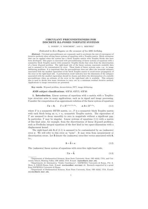 Pdf Circulant Preconditioners For Discrete Ill Posed Toeplitz Systems