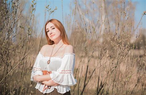 Young Romantic Redhead Woman In Casual Style Lifestyle Portrait Stock