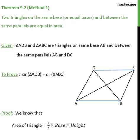 theorem 9 2 class 9 two triangles on same base between parallels