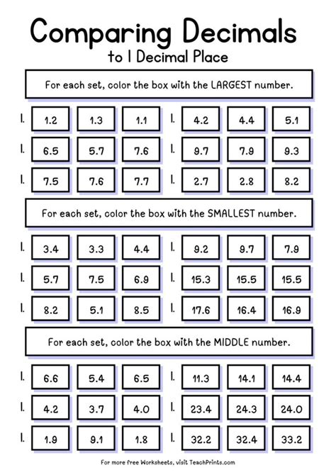 Free Comparing Decimals Worksheets Teach Prints