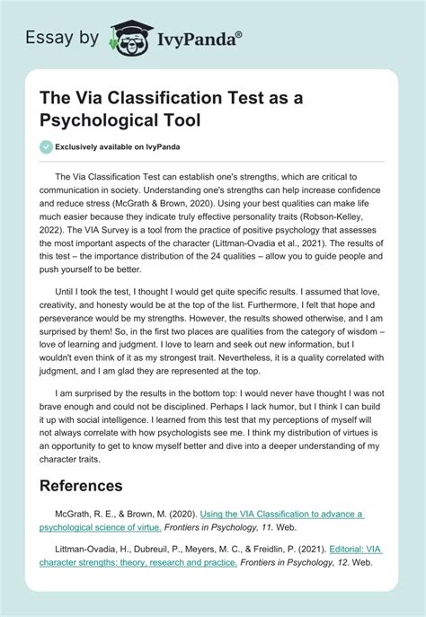 The Via Classification Test A Psychological Tool 288 Words Assessment Example
