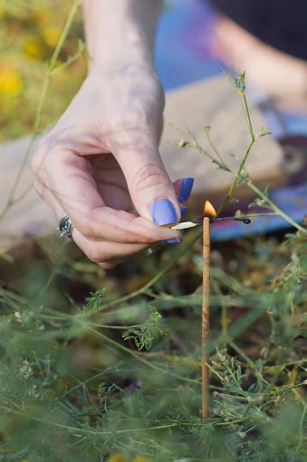 여자의 손은 일치와 자연에서 명상을 위한 향기로운 막대기에 불을 설정합니다 클로즈업 세로 형식 가냘픈에 대한 스톡 사진 및 기타