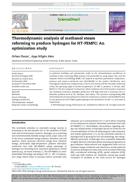 Pdf Thermodynamic Analysis Of Methanol Steam Reforming To Produce Hydrogen For Ht Pemfc An