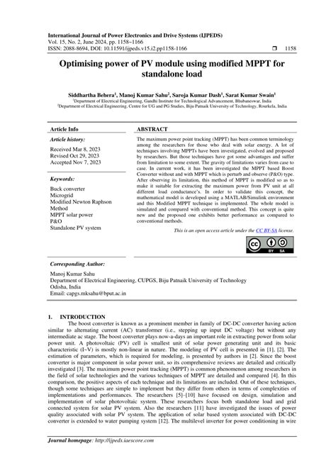 Pdf Optimising Power Of Pv Module Using Modified Mppt For Standalone Load