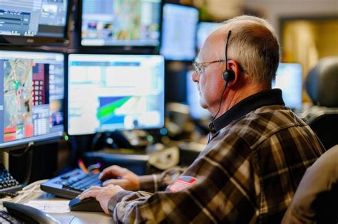 Man Focused On Screens At Desk In Dispatch Center Coordinating Responses Dispatch Center